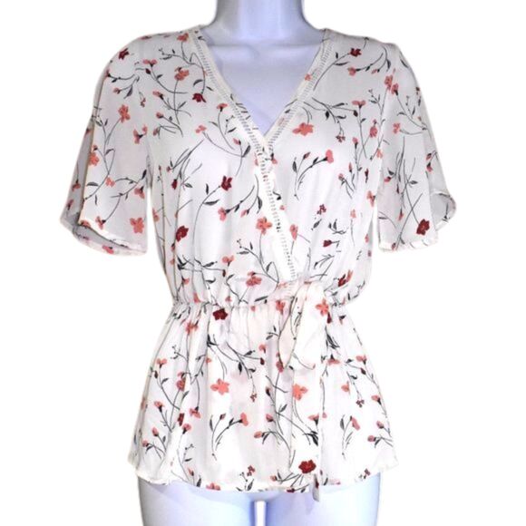 Sienna Sky | Tops | Sienna Sky Womens Floral Short Sleeve Blouse Small White Cottagecore ...